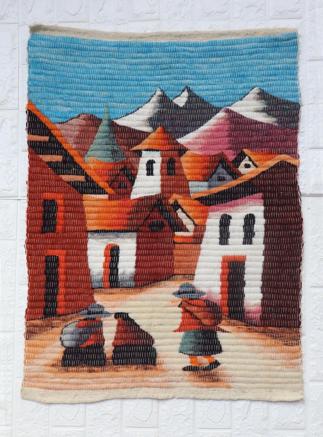 Vintage Peruvian Hand Woven Wool Rug Village Andes Mountains Scenery ...