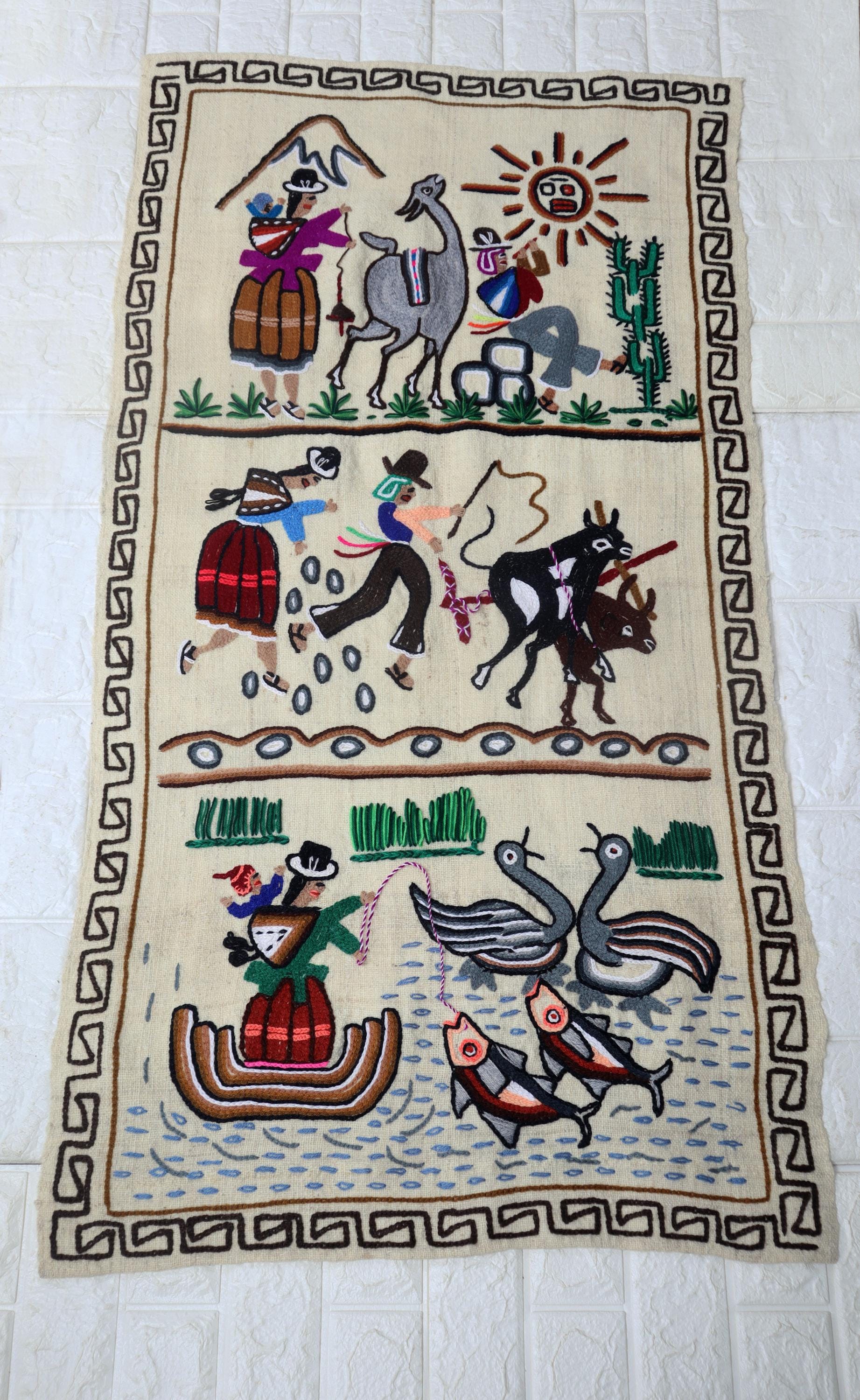 Vintage Handmade Peruvian Embroidery Wool Tapestry Uros Islands Folk ...