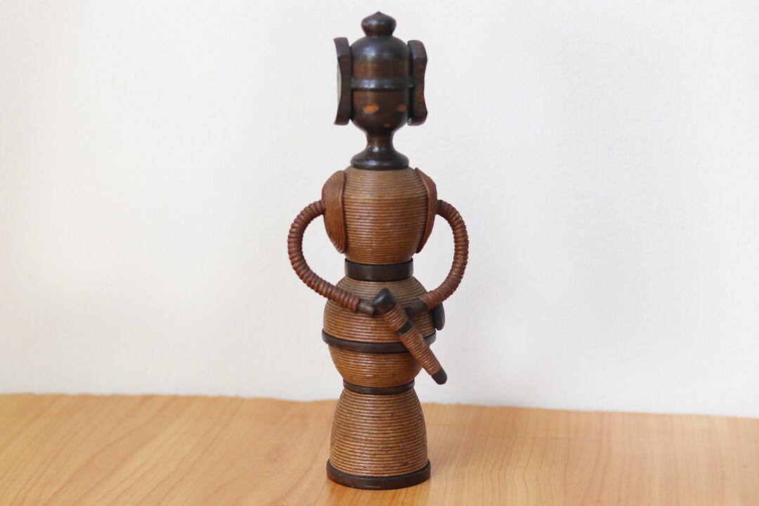 Japan Vintage Samurai Wood Carved Figurine String Haniwa Warrior Doll ...
