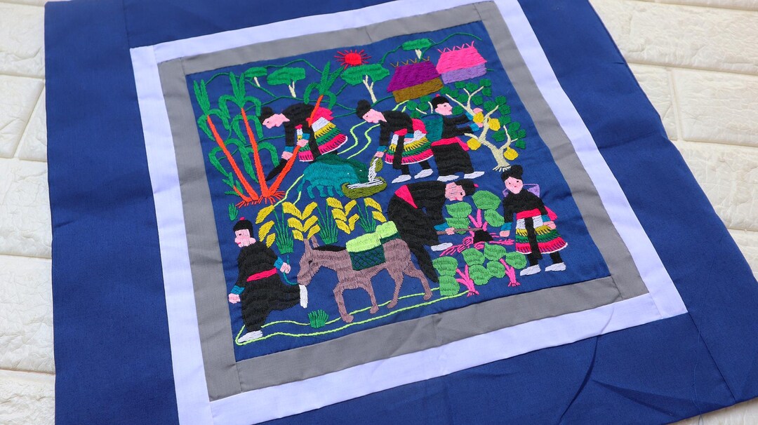 Vintage Embroidery Hmong Story Cloth Pillowcase Way of Life Village ...