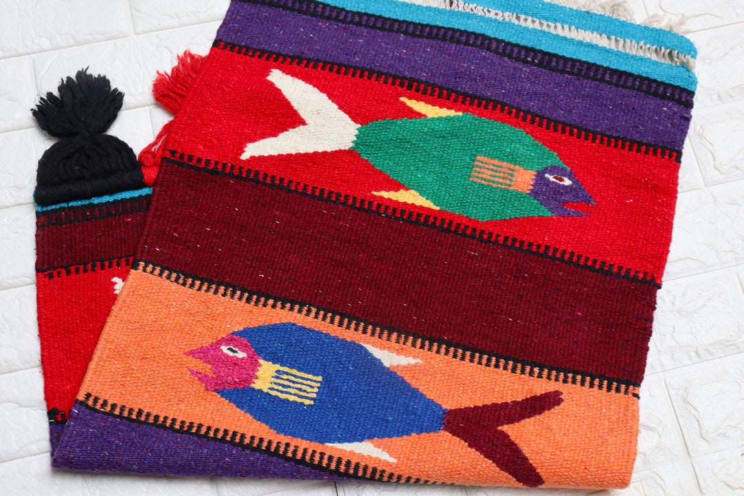 Vintage Zapotec Oaxaca Hand Woven Wool Rug Fish Pattern Wall Hanging ...