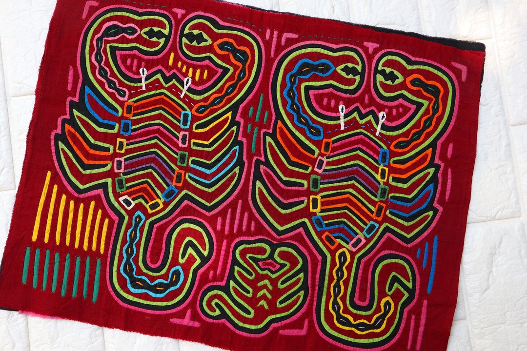 Vintage Panama Red Mola Applique Two Scorpions Motif Hand Stitched ...