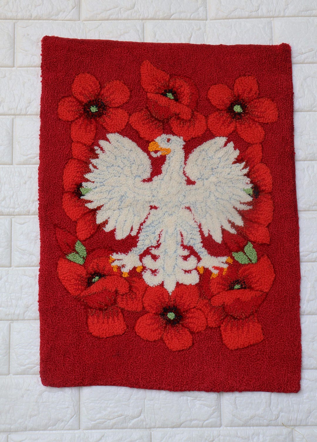 Vintage Hooked Rug Poland Symbols White Eagle Red Poppy Wall Hanging ...