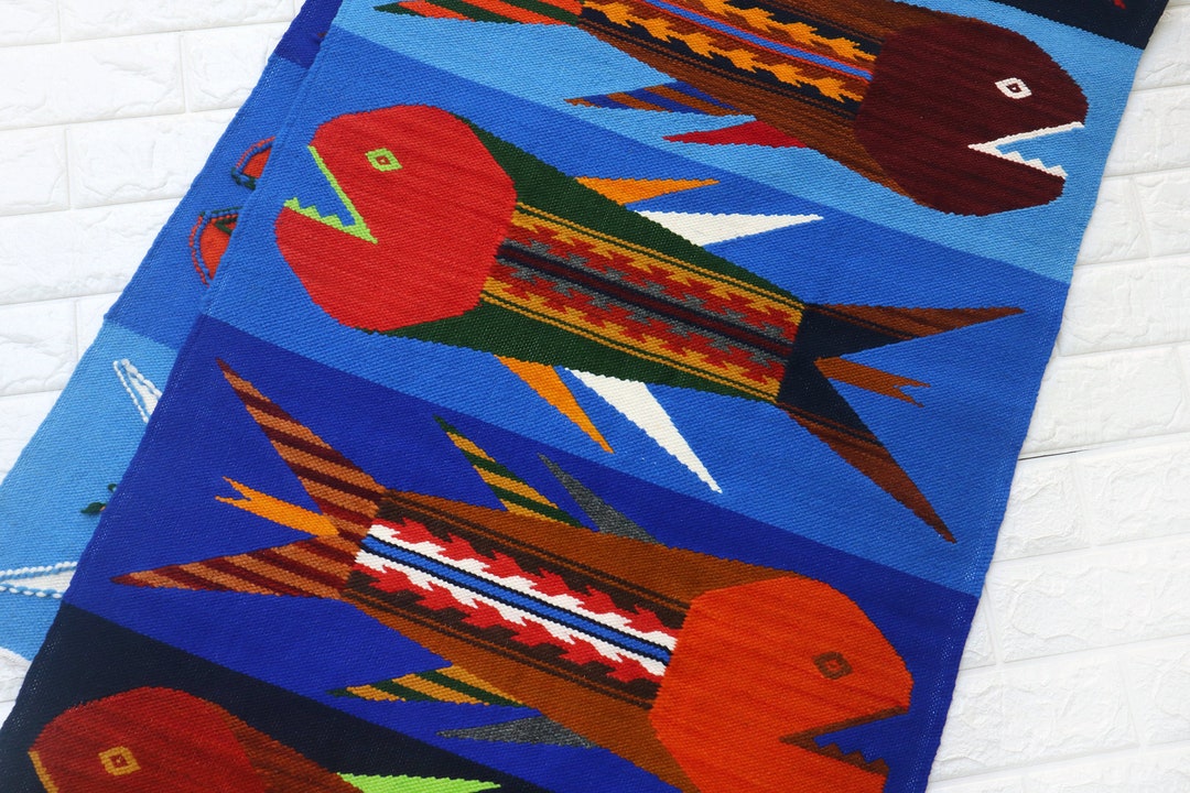 Vintage Ecuadorian Multi-color Fish Dance Theme Table Runner Woven Wall ...