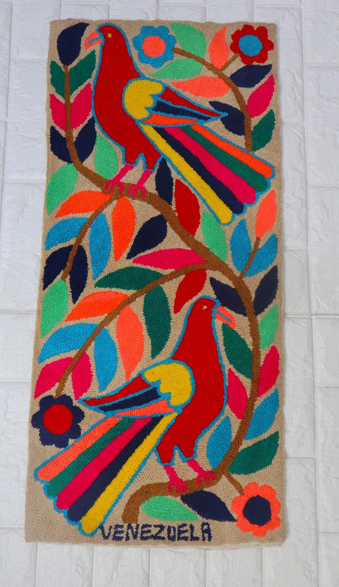Vintage Venezuela Hooked Rug Colorful Stylized Bird Motif Wall Hanging ...