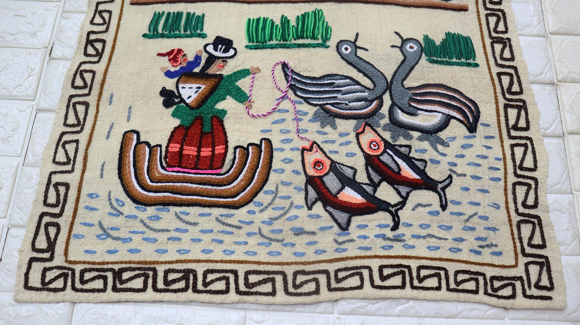 Vintage Handmade Peruvian Embroidery Wool Tapestry Uros Islands Folk ...