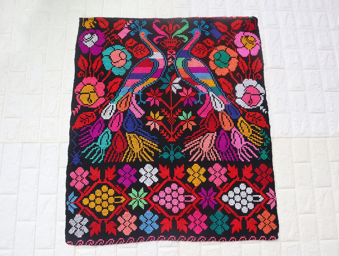 Vintage Hand Embroidery Guatemala Wall Hanging Peacock Flower Pattern ...