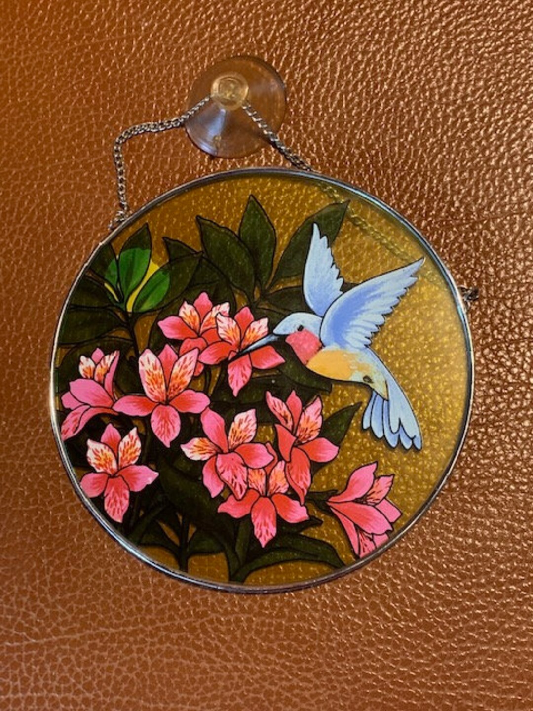Colored Glass Round Panel Small Hummingbird and Flowers Home Furnishing ...
