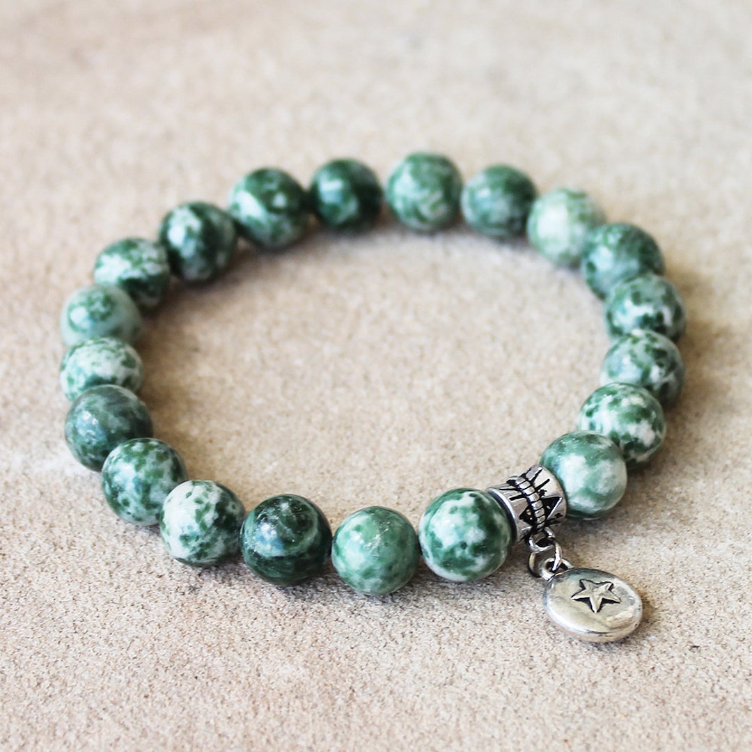 Semi Precious Faceted Green Spotted Jade Stone Bracelet With Silver ...
