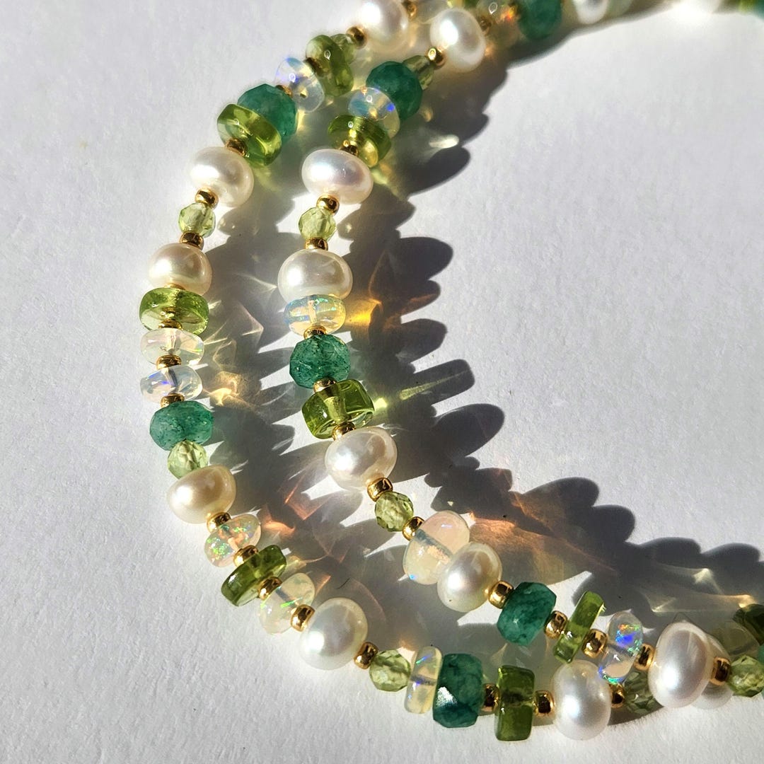 Emerald Green Quartz, Peridot, Ethiopian Welo Opal, and Pearl Beaded ...