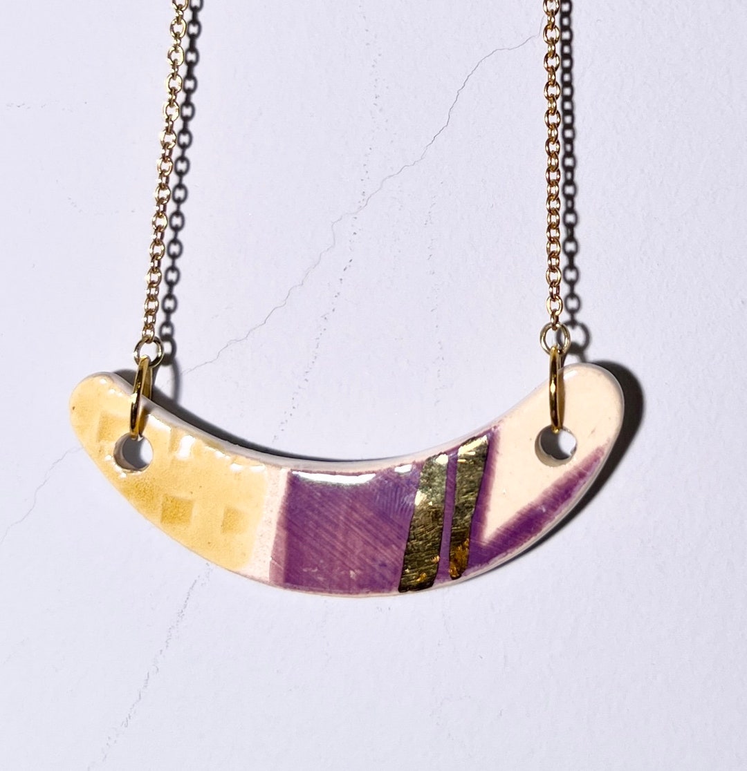 Purple and Gold Half Moon Ceramic Pendant Necklace - Etsy