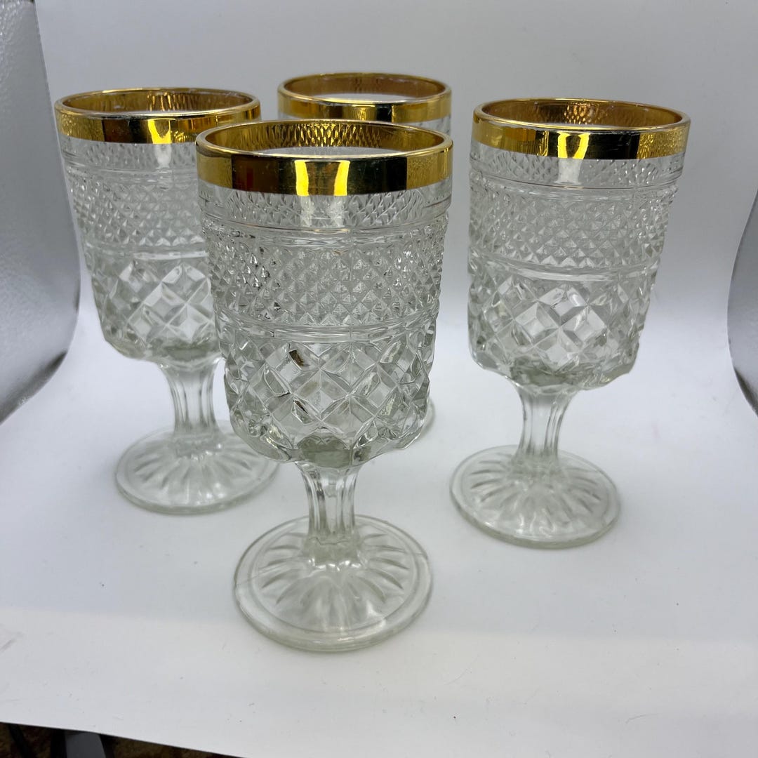 Vtg Anchor Hocking Wexford Diamond Point Gold Rim Wine Water Glass ...