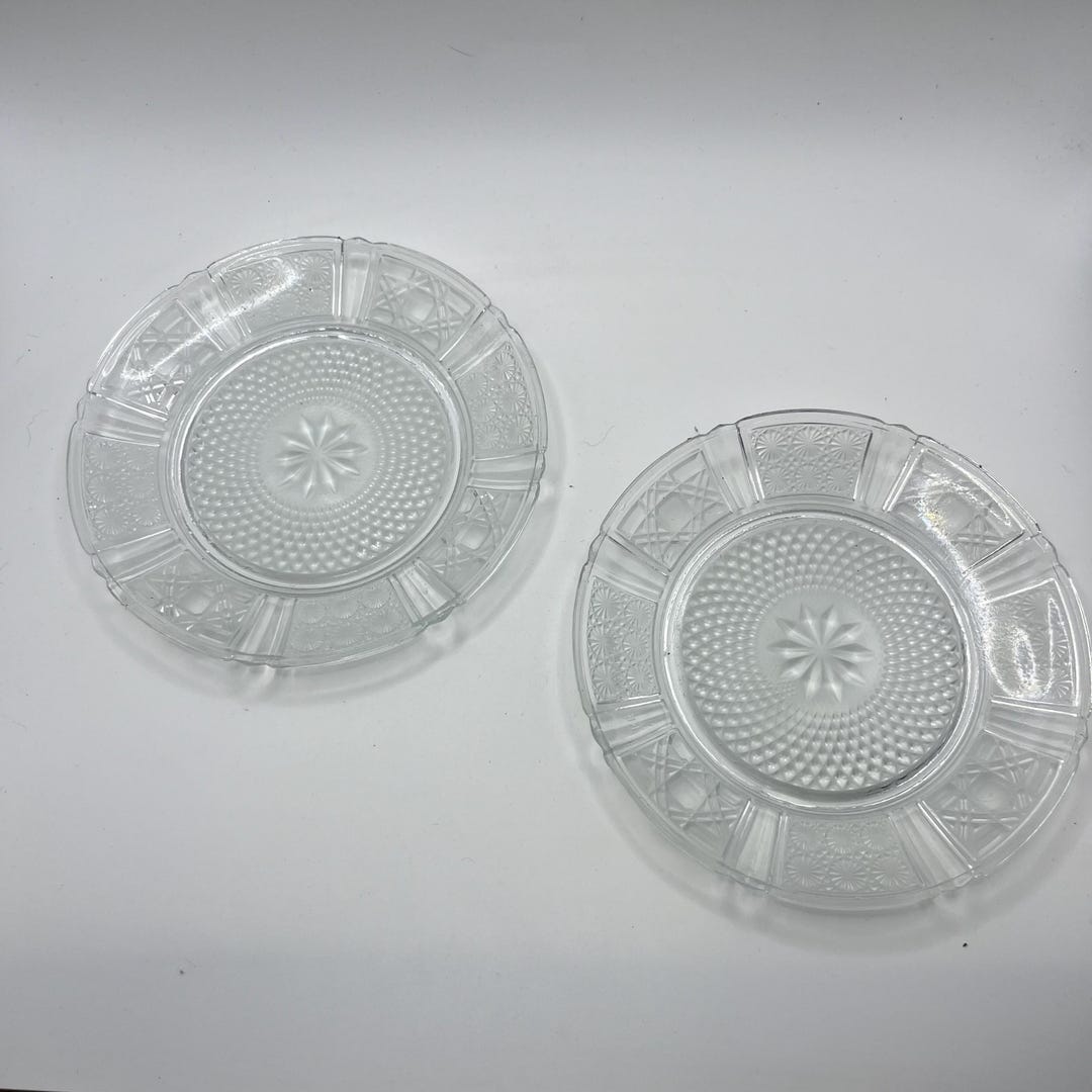2-vtg KIG Indonesia Clear Glass Plates 5.5" Daisy & Cane Pattern ...