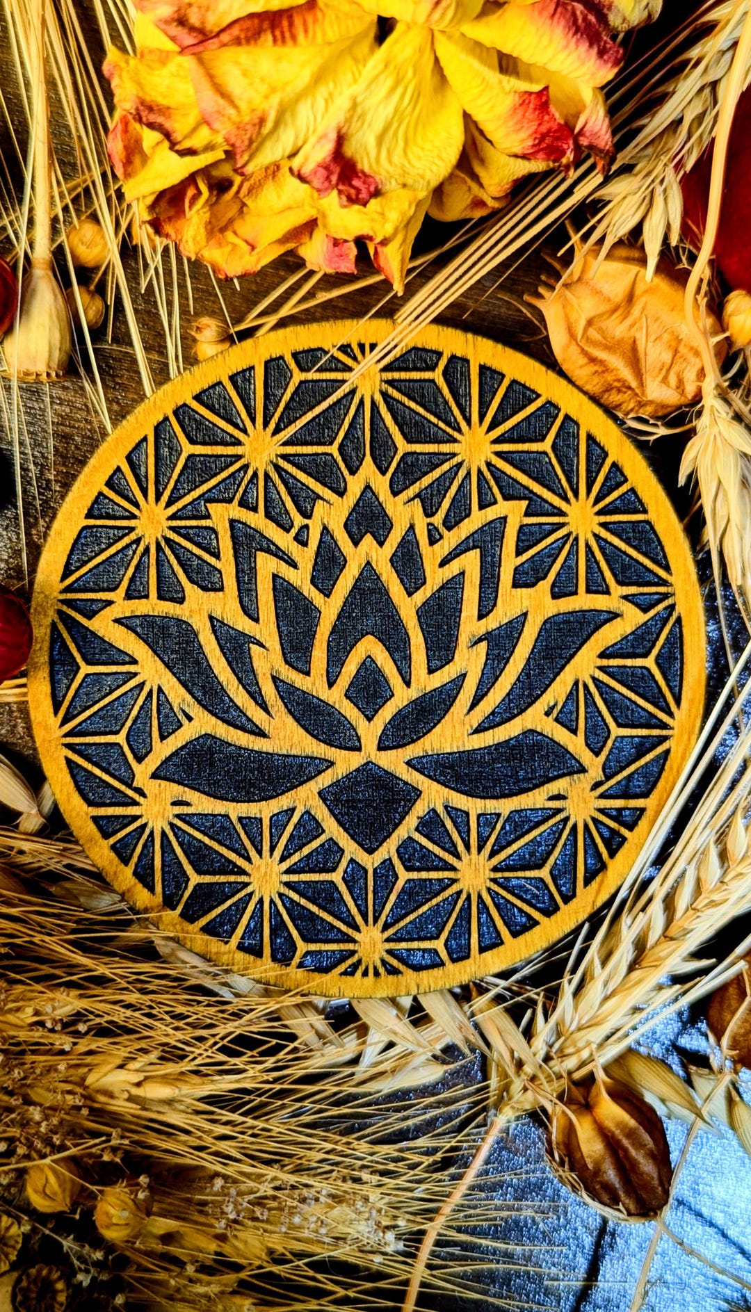 Sacred Geometry Lotus Wall Art: Handcrafted Plywood Panel, Oak Stain ...