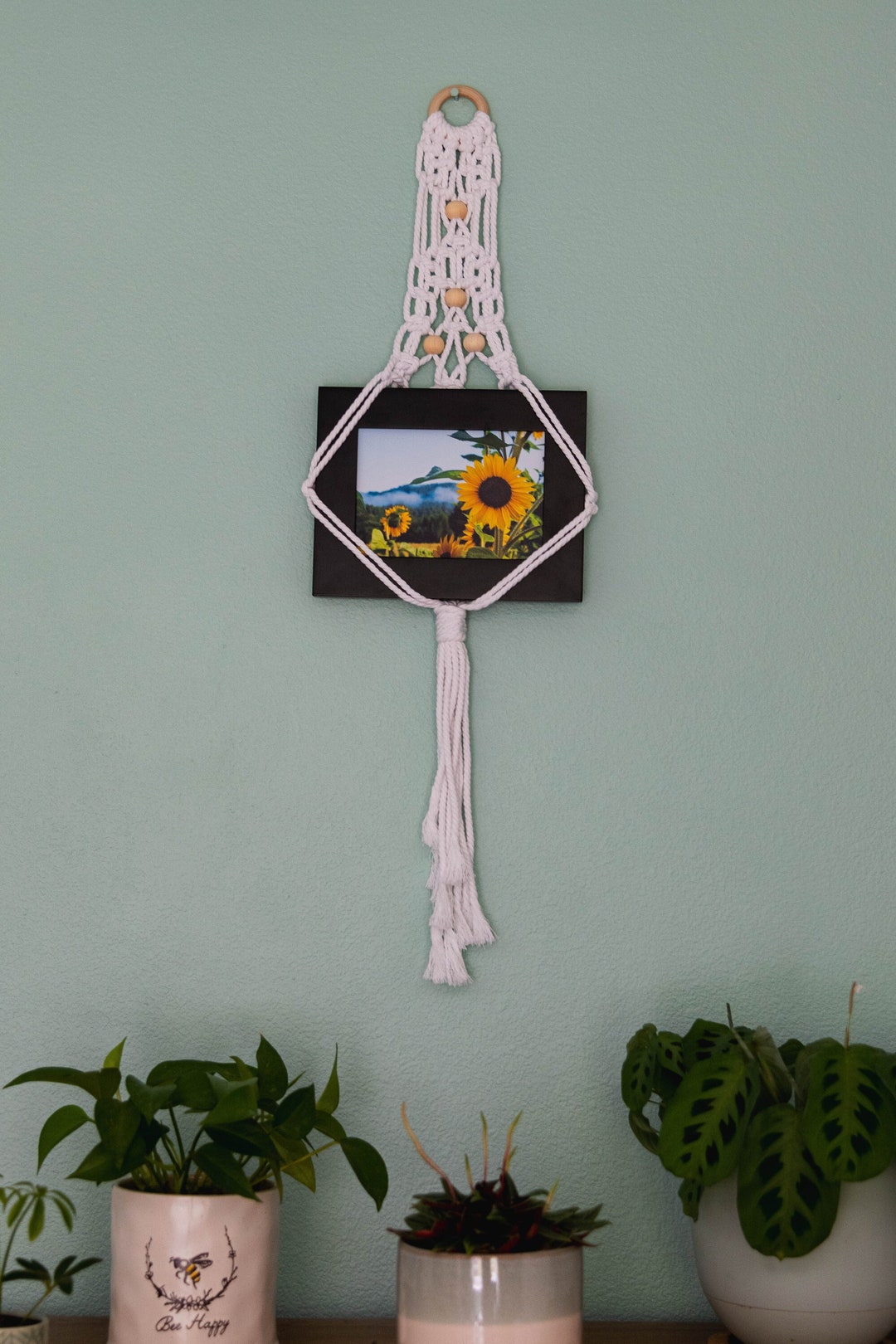 Macrame Frame Hanger II - Handmade With White Jute and Wooden Beads ...