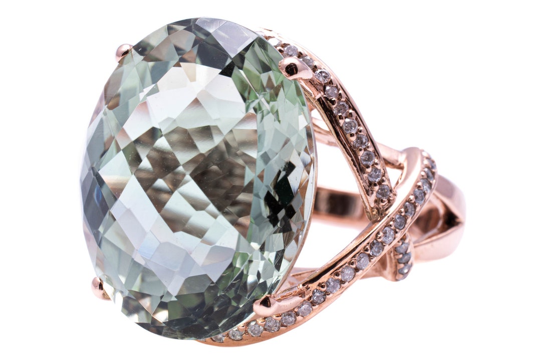 10 Karat Rose Gold Diamond & Light Green Quartz Statement Estate Ring ...