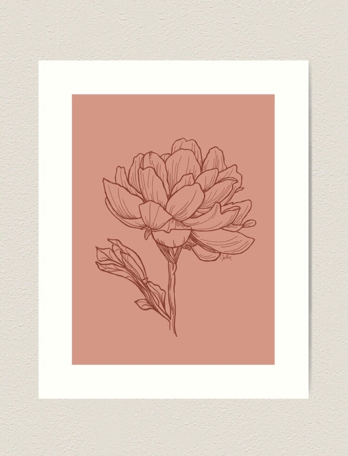 Brick Red and Terra Cotta Digital Drawing of a Blooming Peony - Etsy