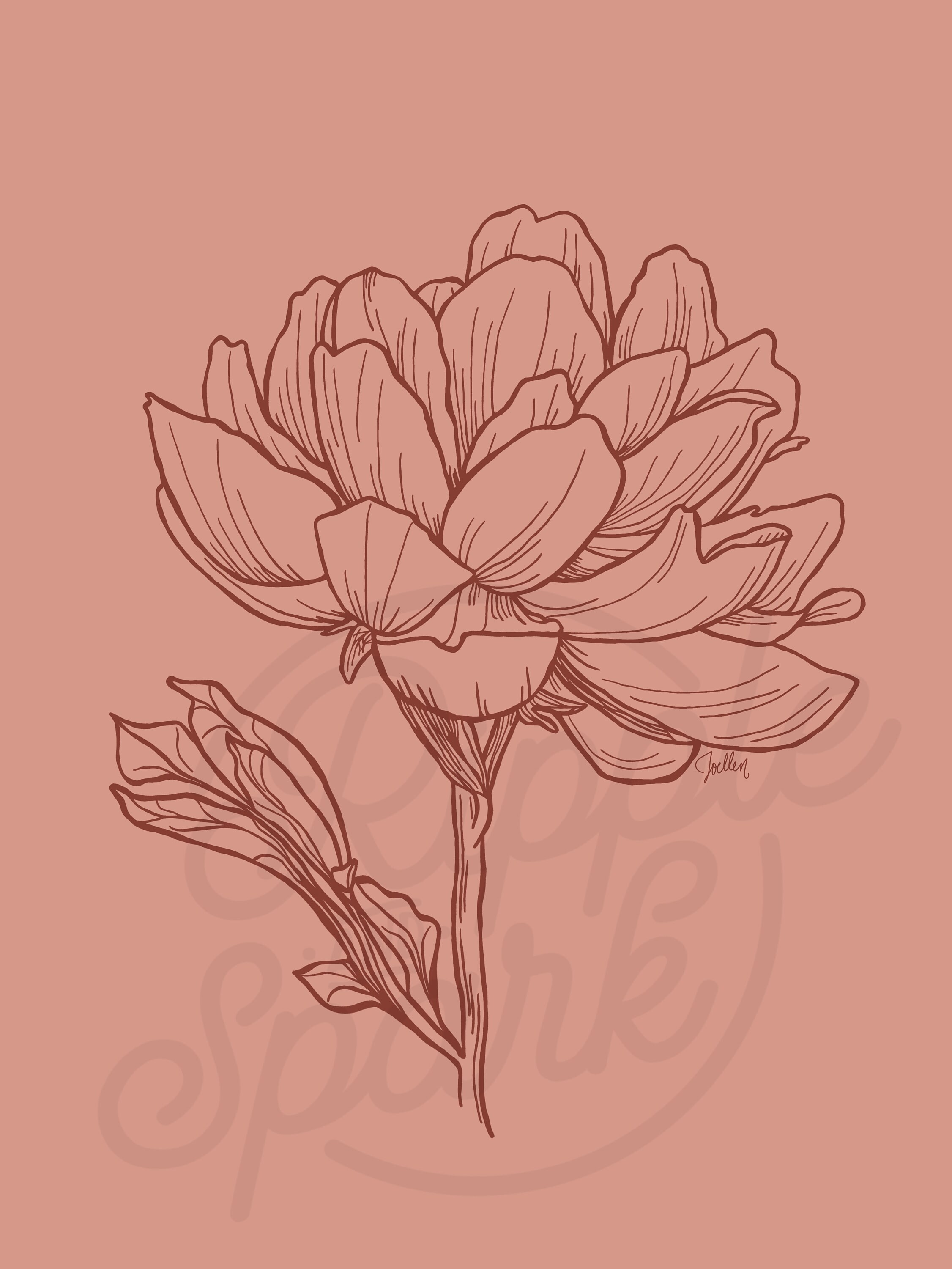 Brick Red and Terra Cotta Digital Drawing of a Blooming Peony - Etsy