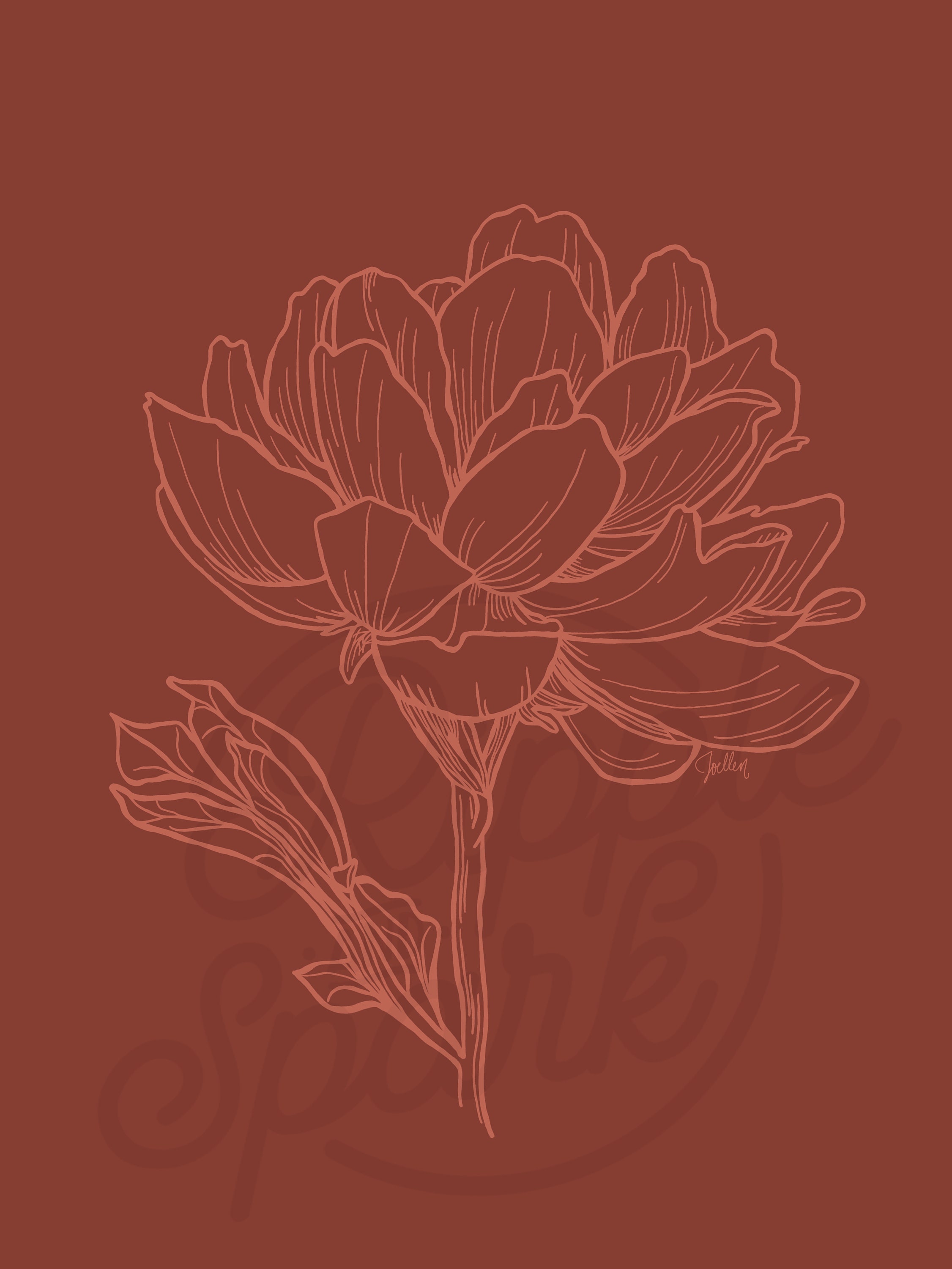 Brick Red and Terra Cotta Digital Drawing of a Blooming Peony - Etsy