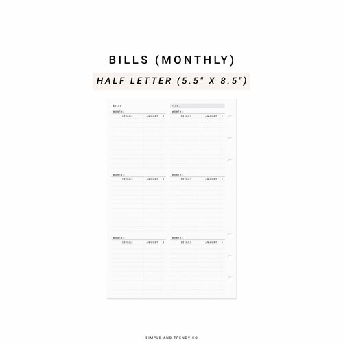 Bill Tracker Printable Half Size Half Letter Inserts Bill - Etsy