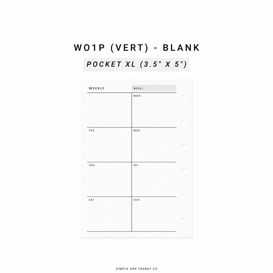 Week on One Page Printable Pocket XL, Weekly 1 Page Vertical Weekly ...