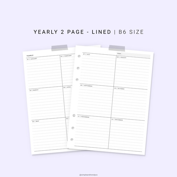 Year at A Glance B6 Inserts Yearly Planner Printable Yearly | Etsy