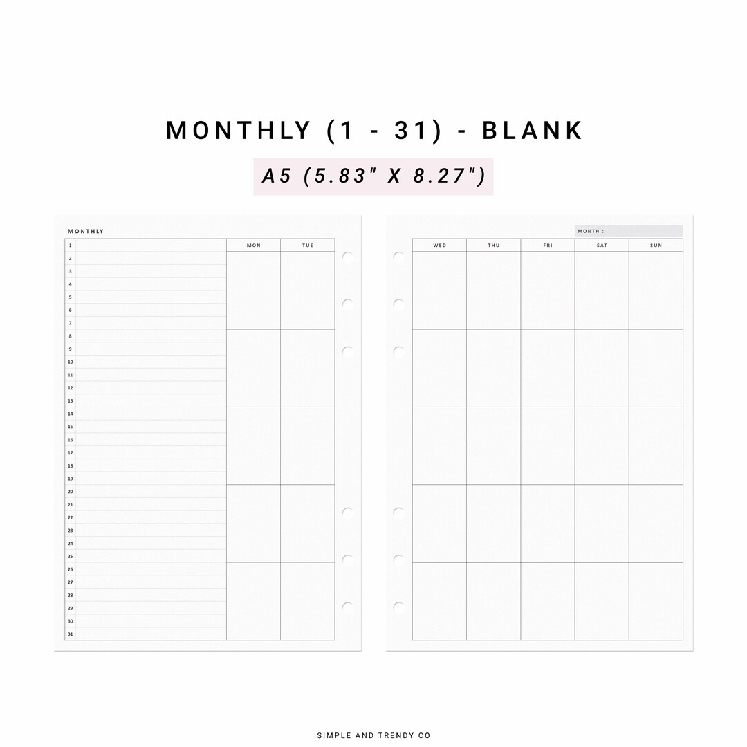 Monthly Planner Printable A5 Planner Inserts, Monthly List, Undated ...