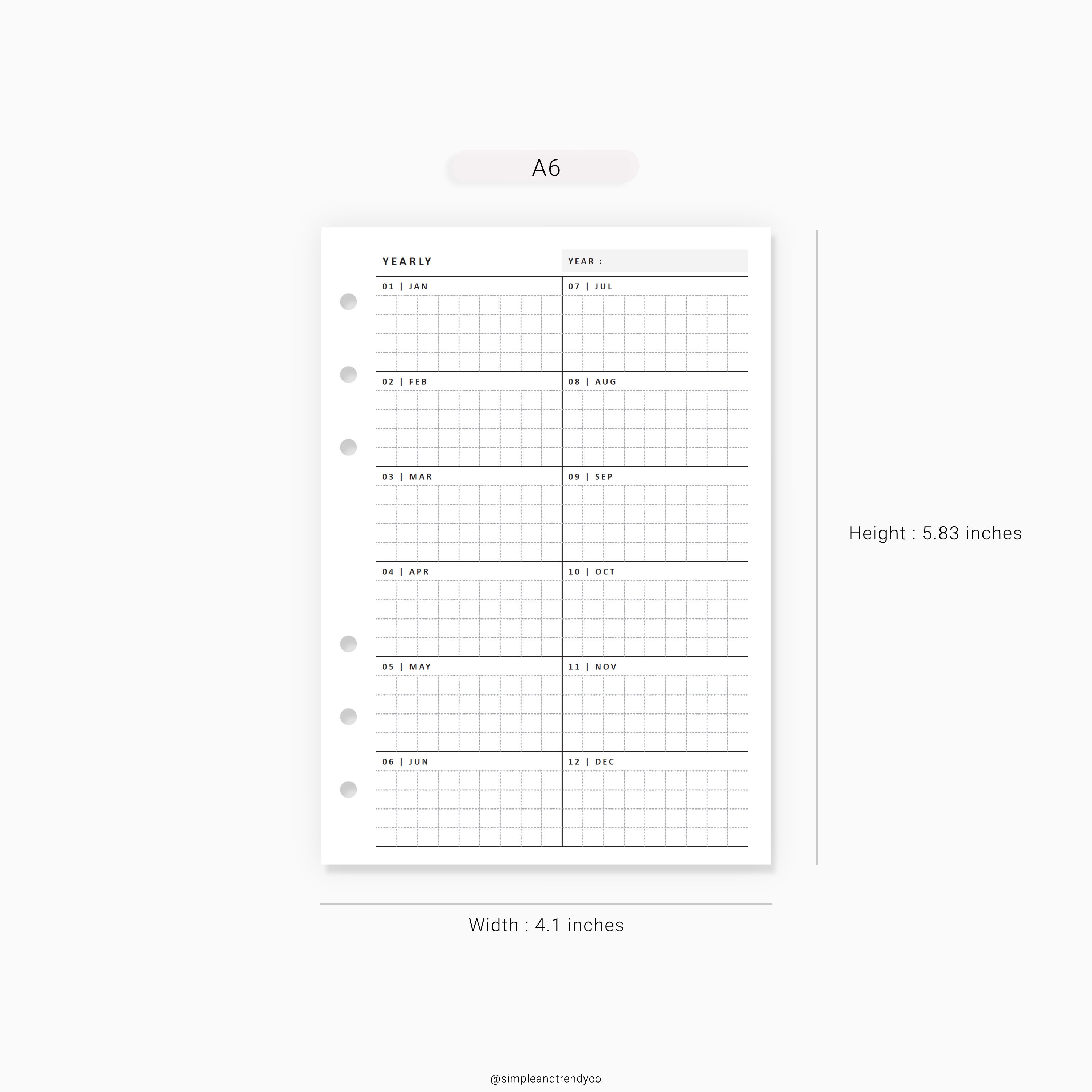 Year at A Glance A6 Inserts Yearly 1 Page Yearly Planner | Etsy
