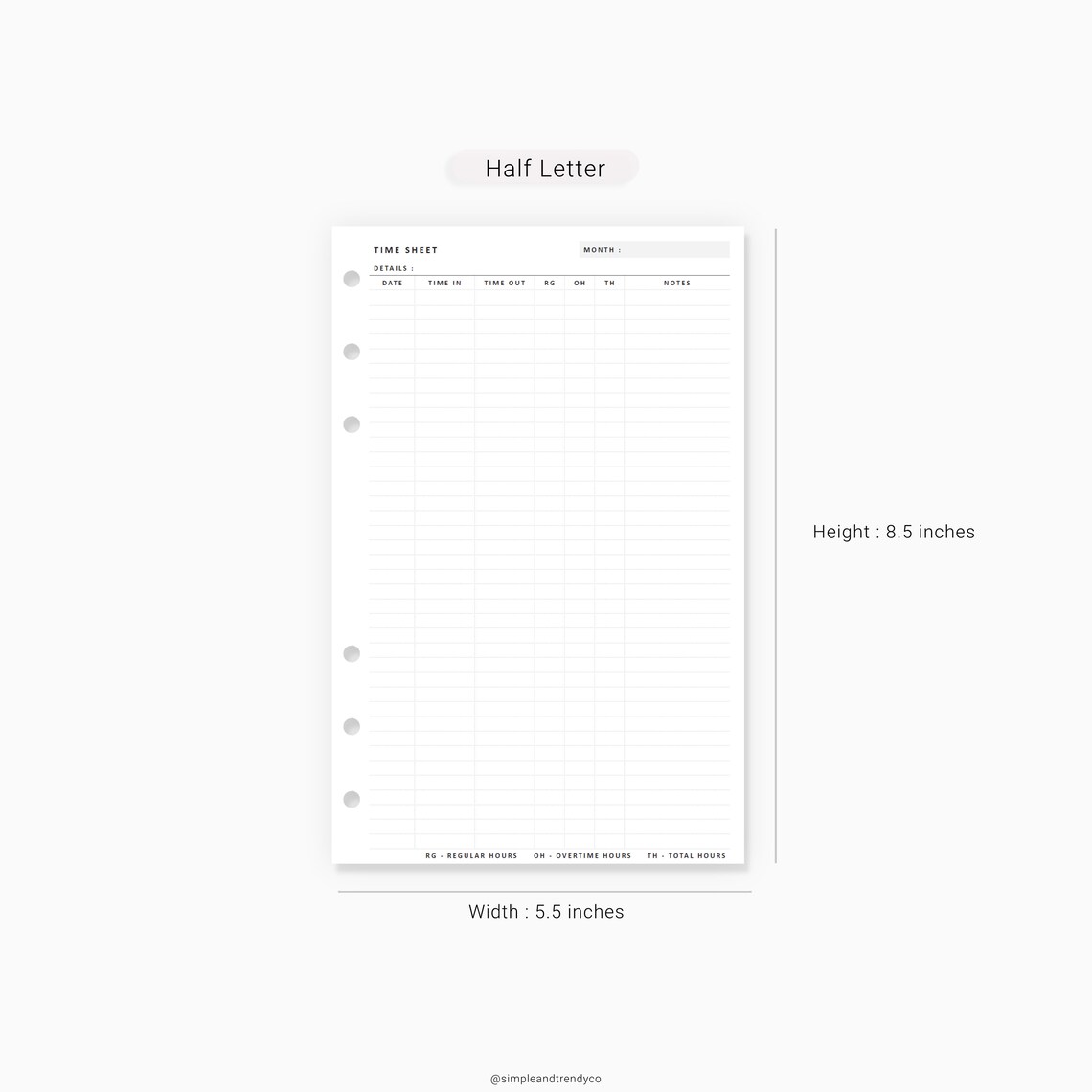 Time Sheet Log Printable Half Size Half Letter Inserts Time | Etsy