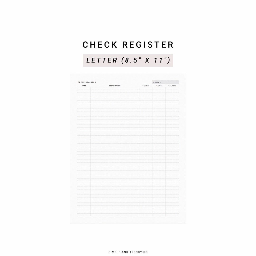 Checking Register US Letter Size, Checkbook Register, Printable Check ...