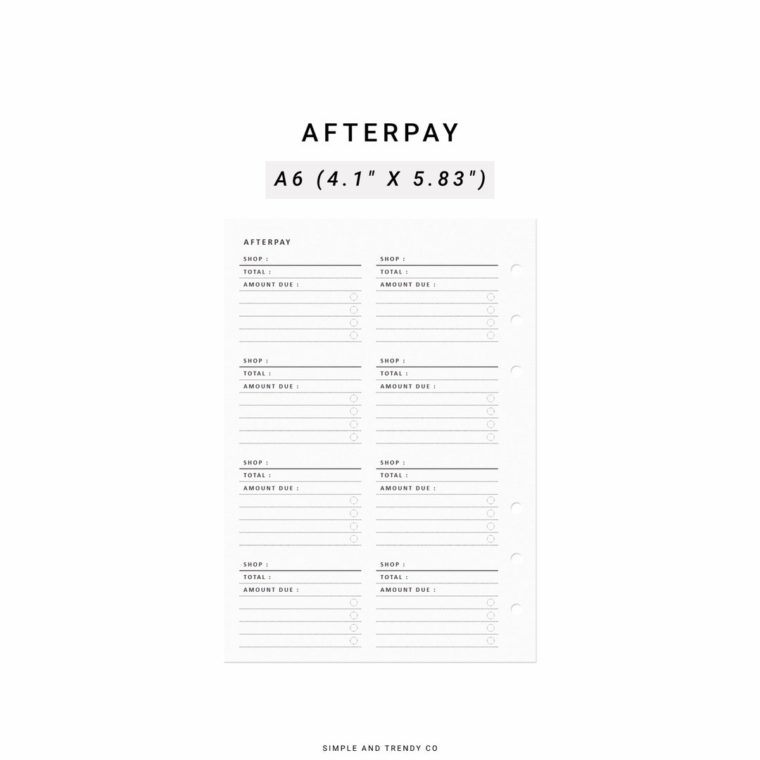 Afterpay Tracker A6 Inserts, Printable Afterpay Payment Tracker - Etsy