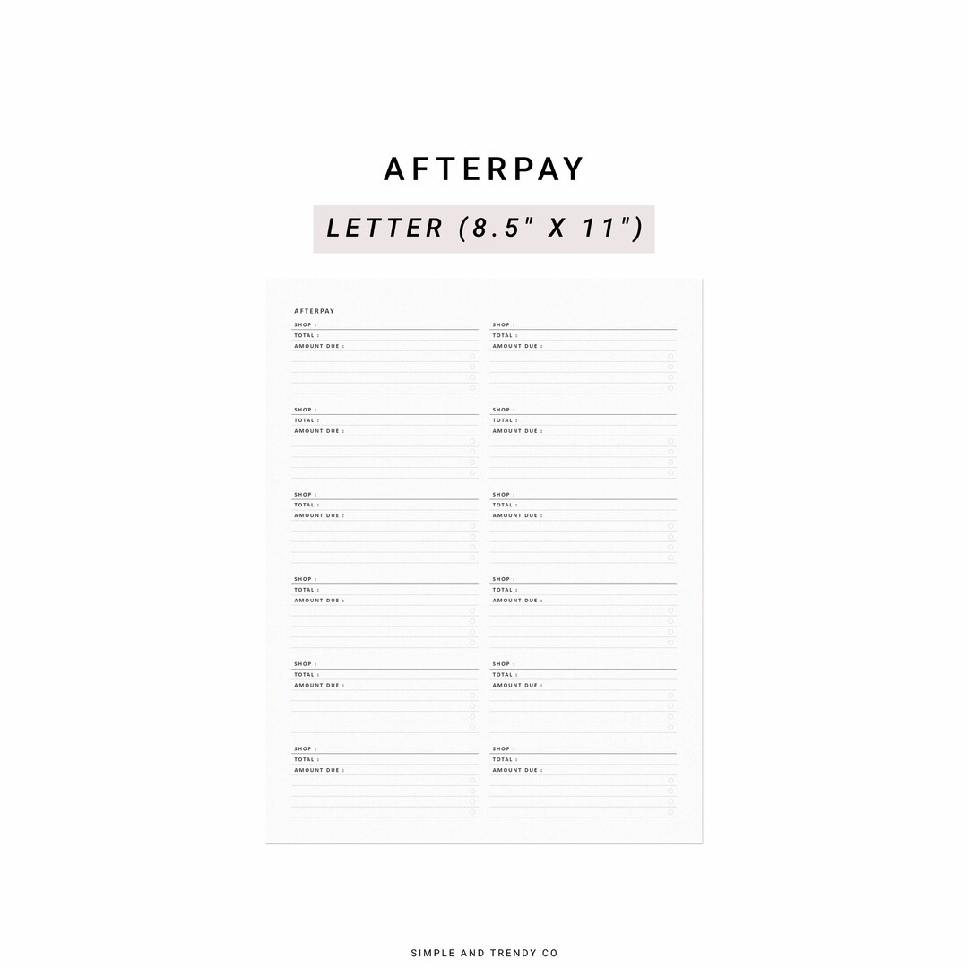 Afterpay Tracker US Letter Size, Printable Afterpay Payment Tracker - Etsy