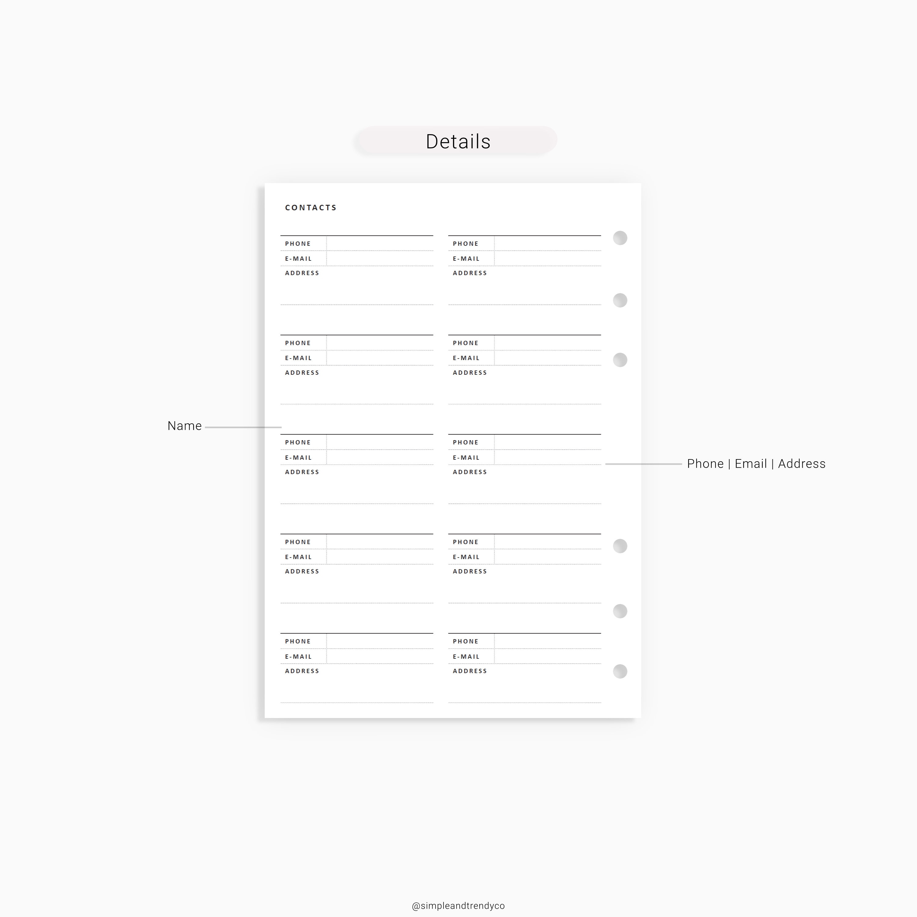 Printable Contacts List Personal Wide Emergency Contacts | Etsy