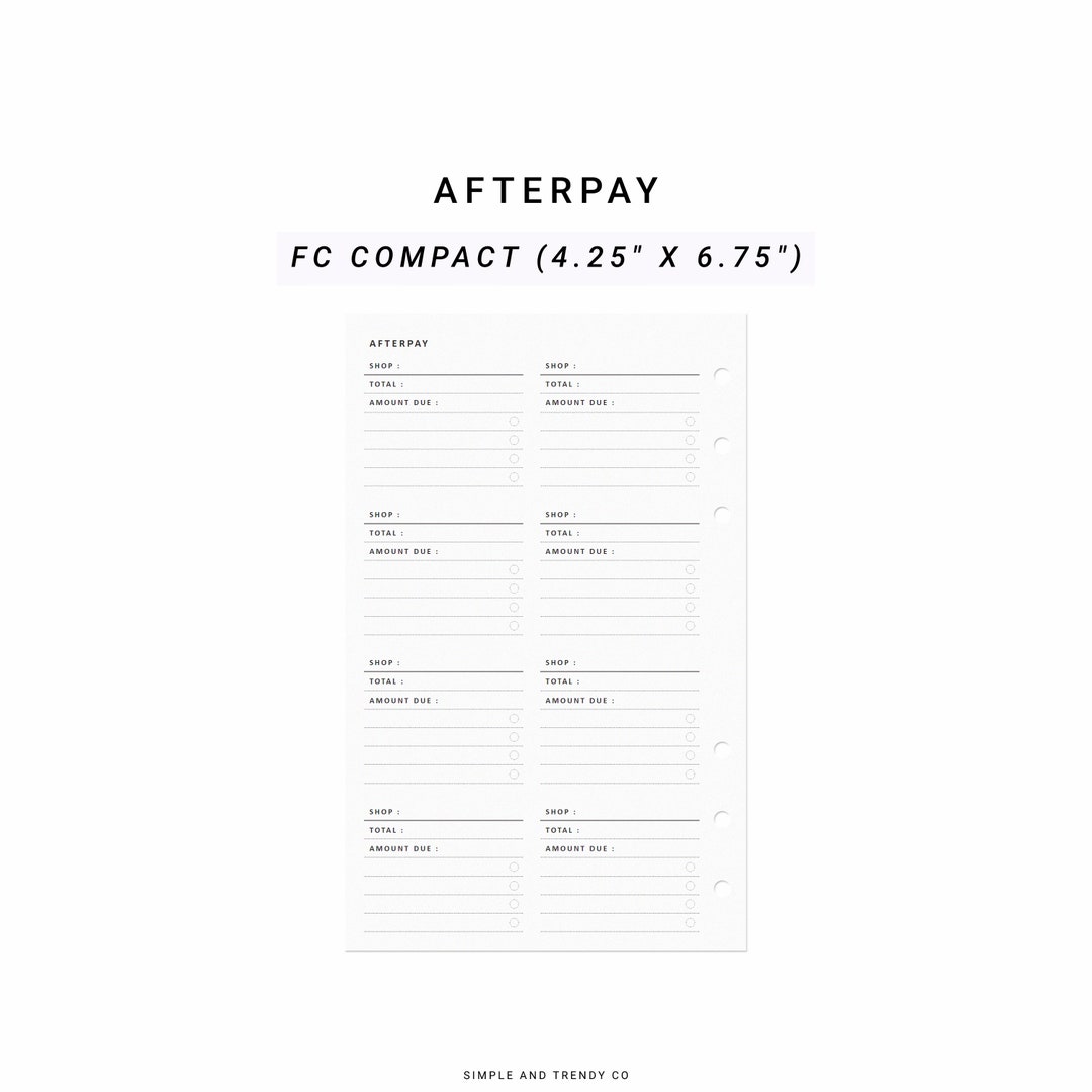 Afterpay Tracker FC Compact, Printable Afterpay Payment Tracker - Etsy