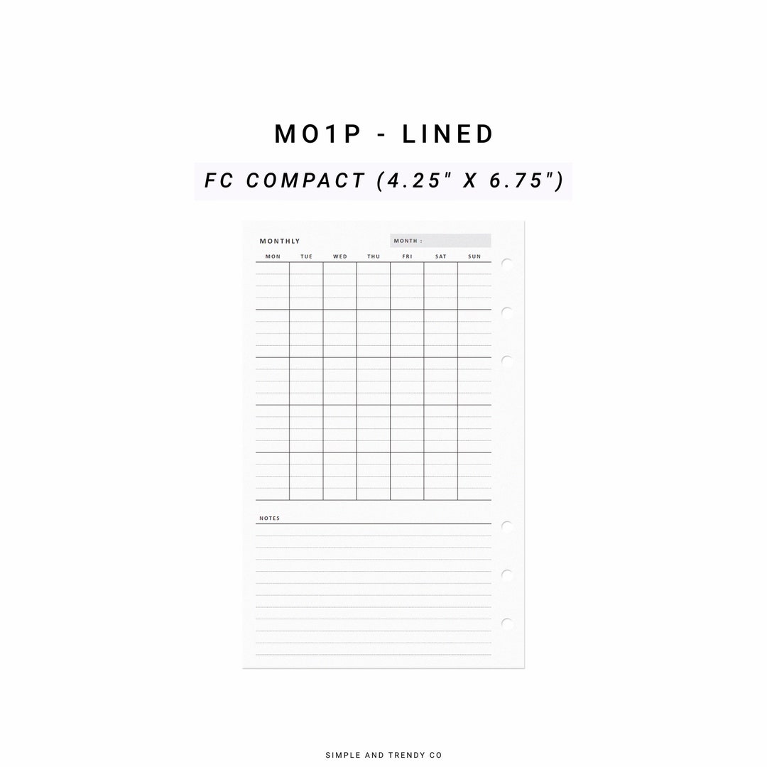 Month on One Page MO1P FC Compact Undated Monthly Planner, Minimalist ...