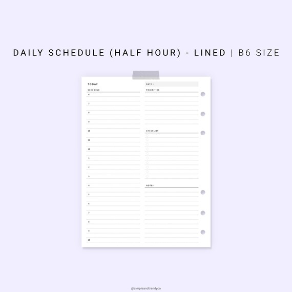 Daily Planner Printable B6 Size Daily Planners Half Hour | Etsy