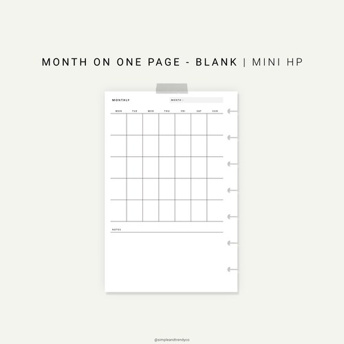 Month on One Page Horizontal Printable MO1P Happy Planner Mini | Etsy