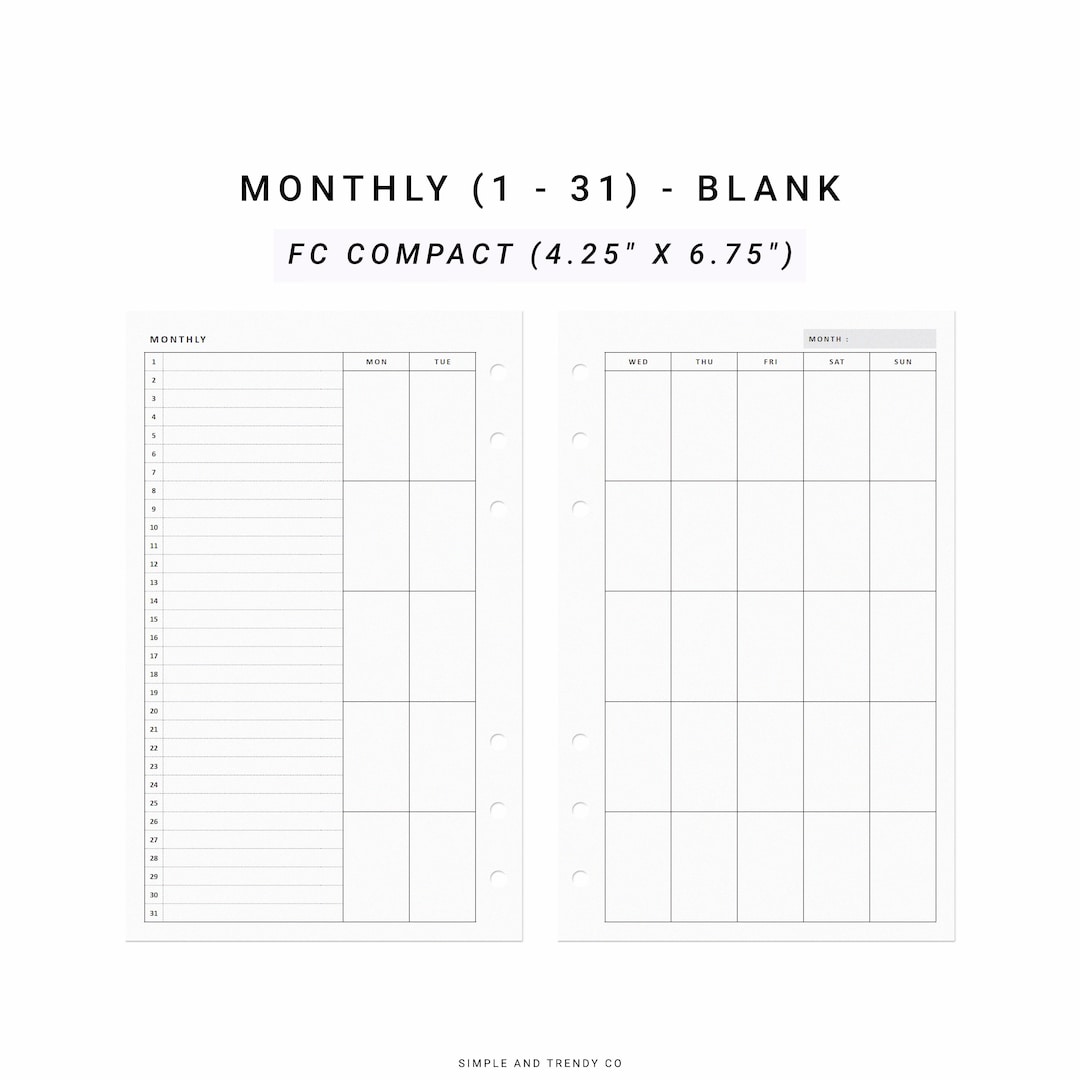 Monthly Planner Printable FC Compact, Monthly List, Undated Monthly ...