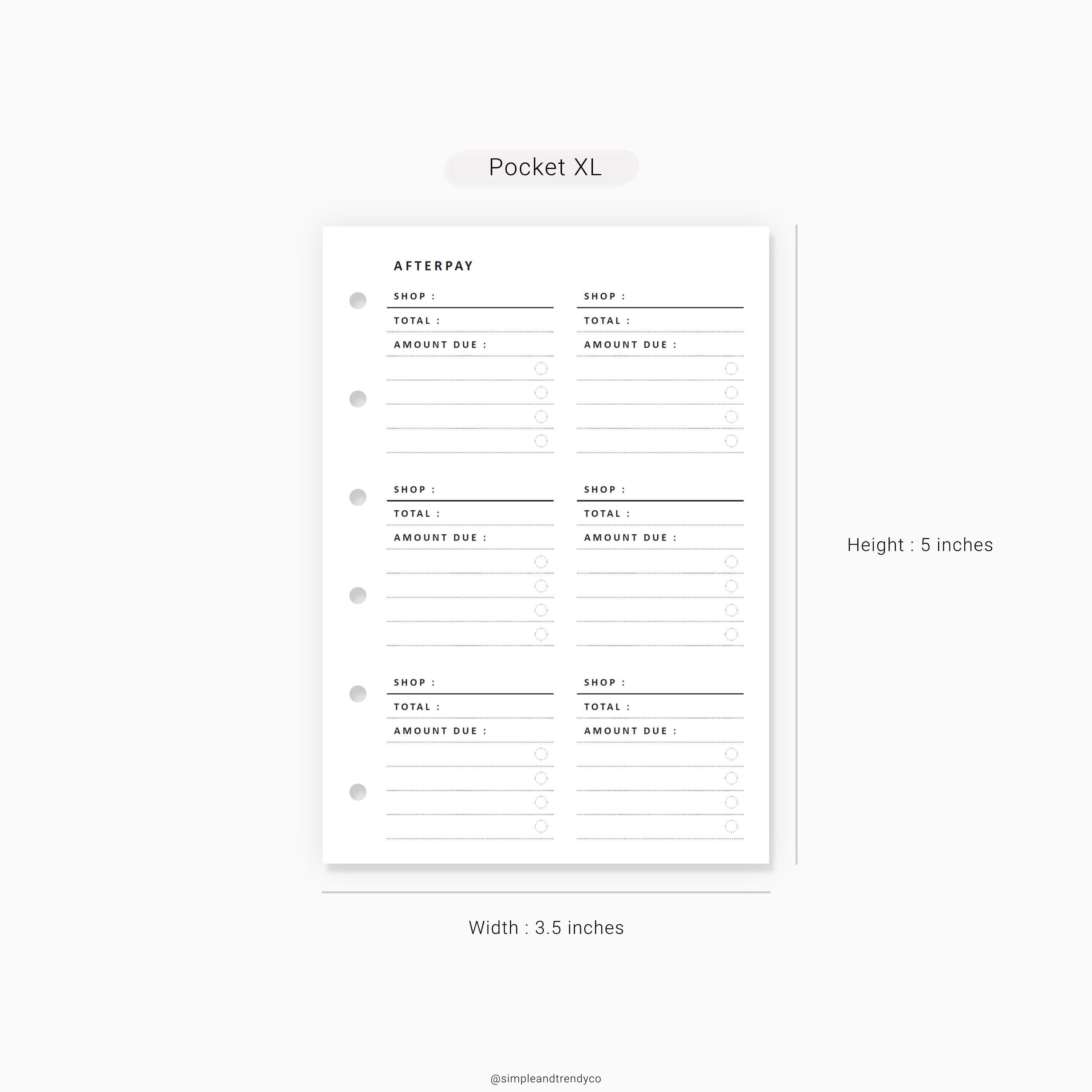 Afterpay Tracker Pocket XL Printable Afterpay Payment Tracker | Etsy