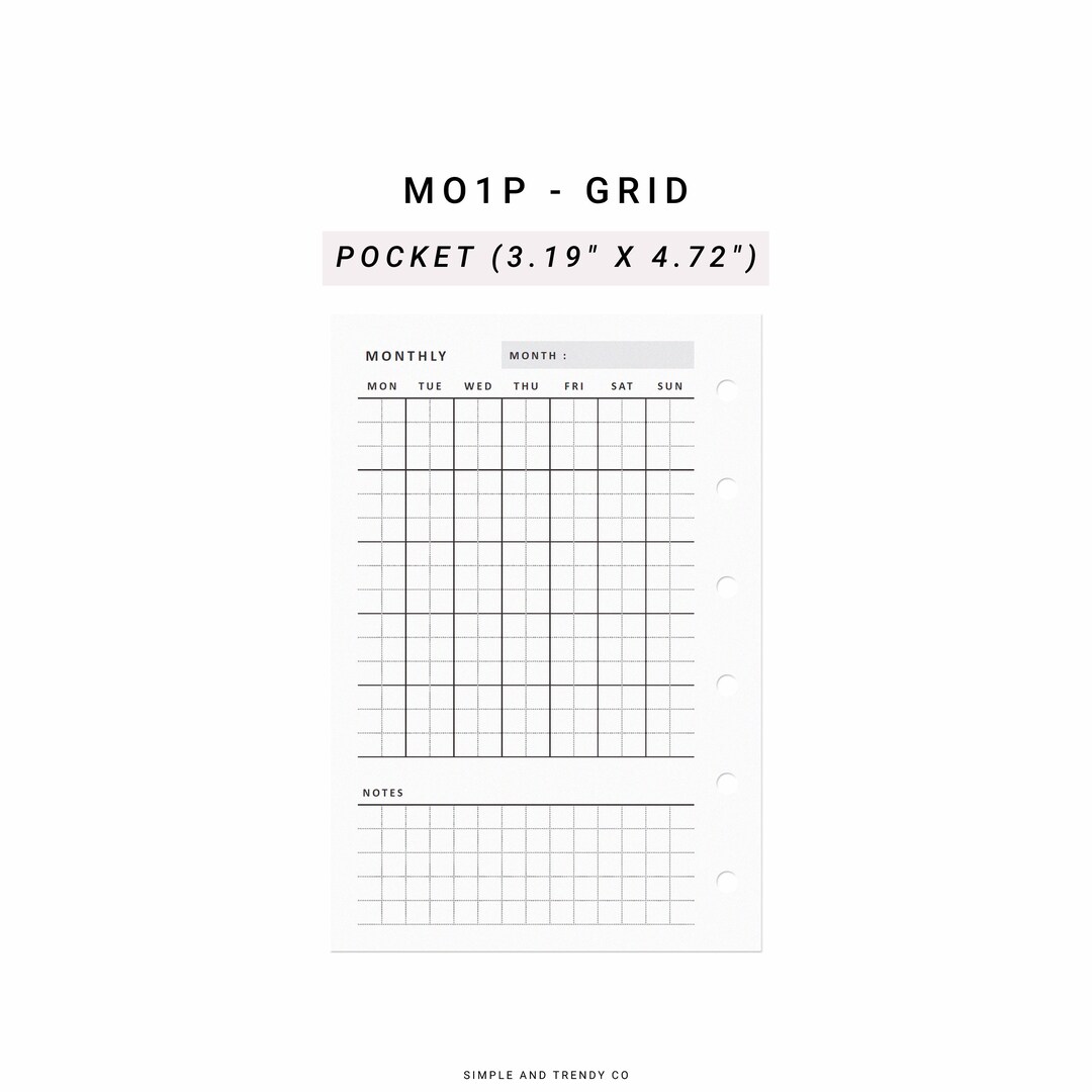 Month on One Page MO1P Pocket Size, Undated Monthly Planner, Minimalist ...