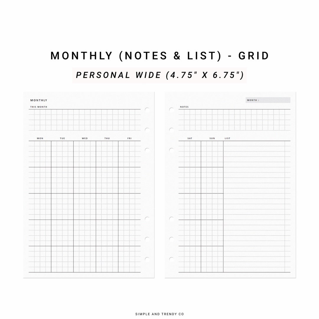 Monthly Planner Personal Wide, Printable Monthly Notes, Monthly to Do ...