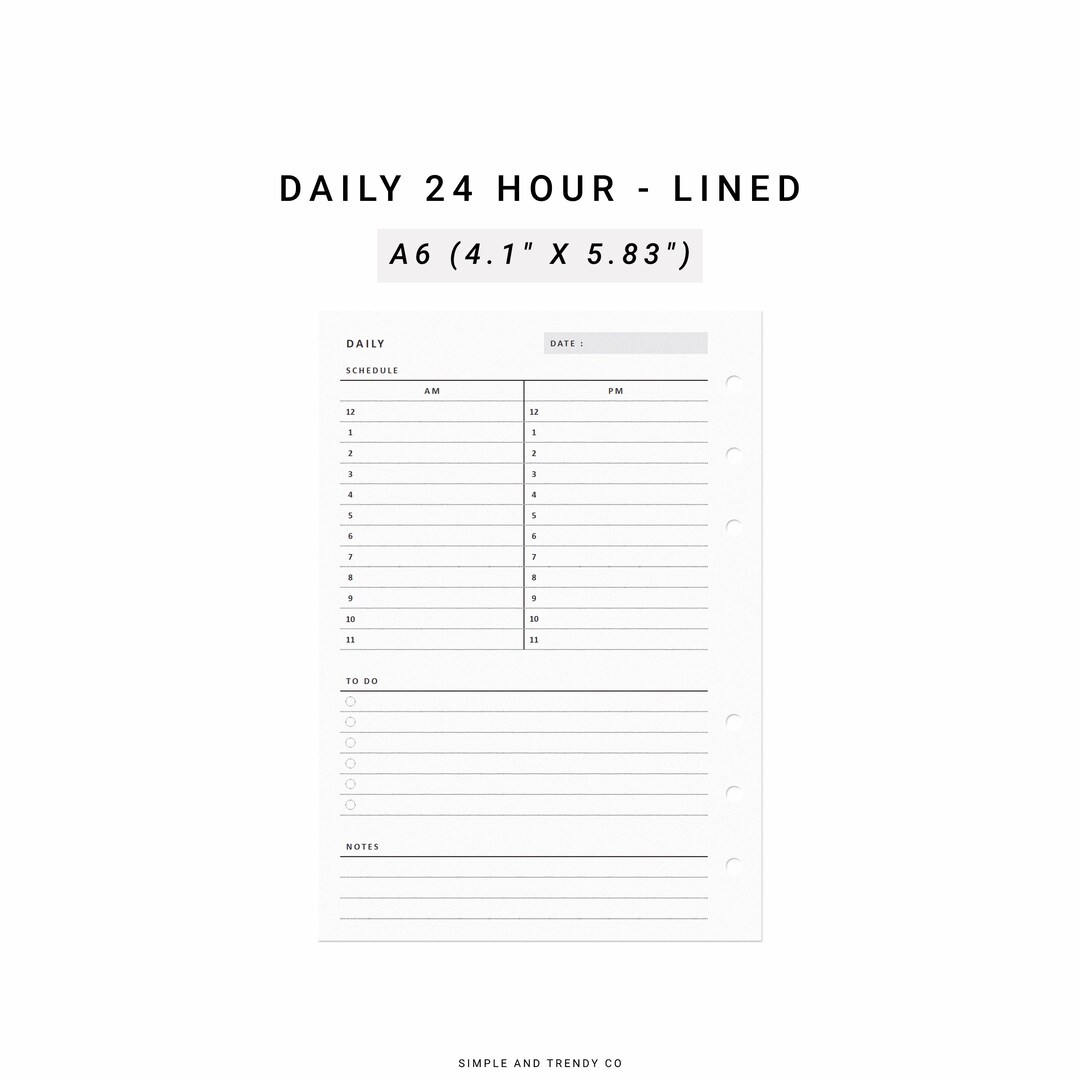 Daily Planner 24 Hour A6 Inserts Printable, Daily Schedule, Day Planner ...