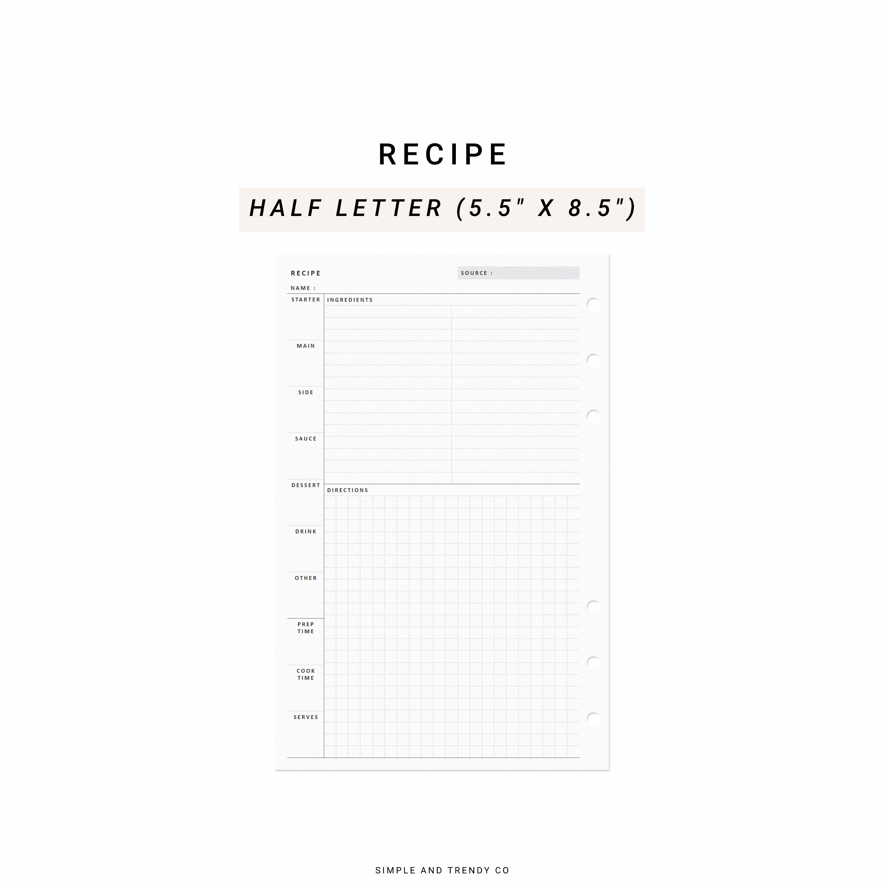 Recipe Half Size Half Letter Inserts Recipe Planner - Etsy