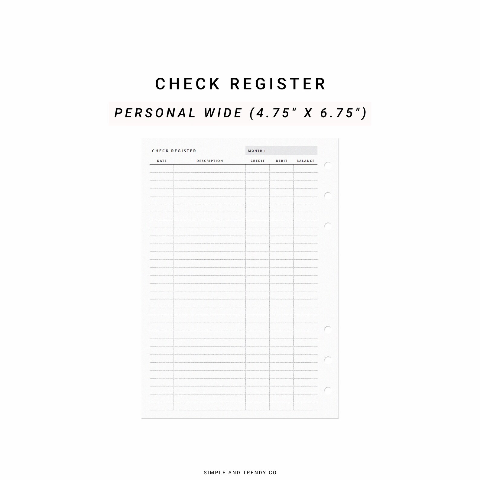 Checking Register Personal Wide Checkbook Register Printable - Etsy