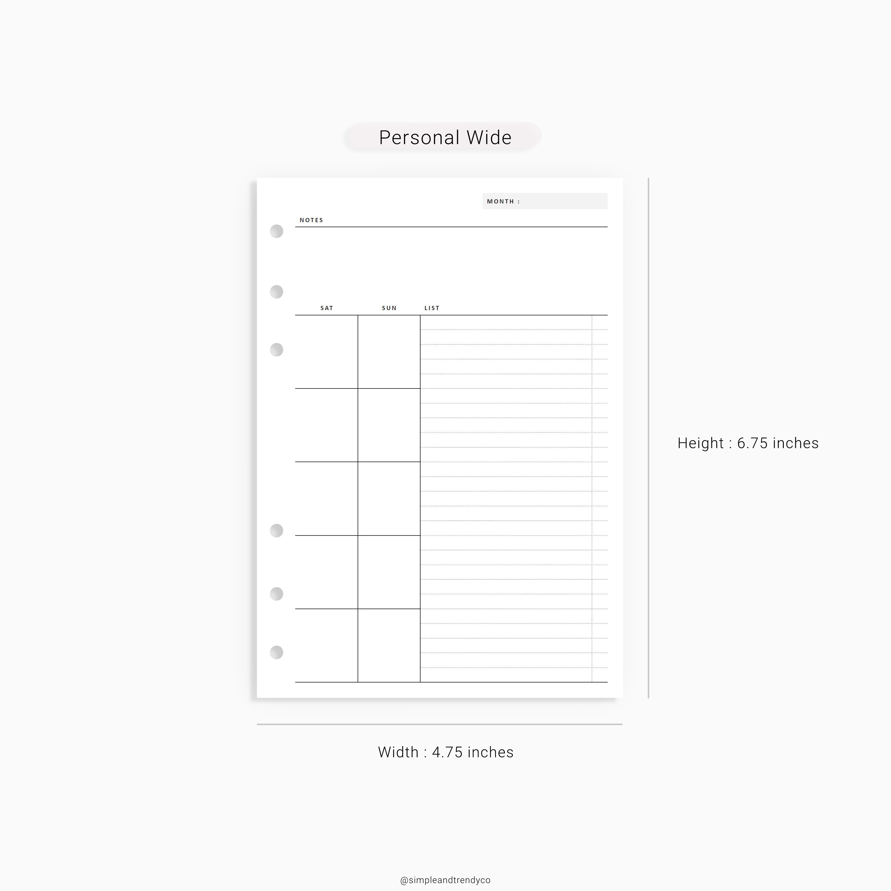 Monthly Planner Personal Wide Printable Monthly Notes | Etsy