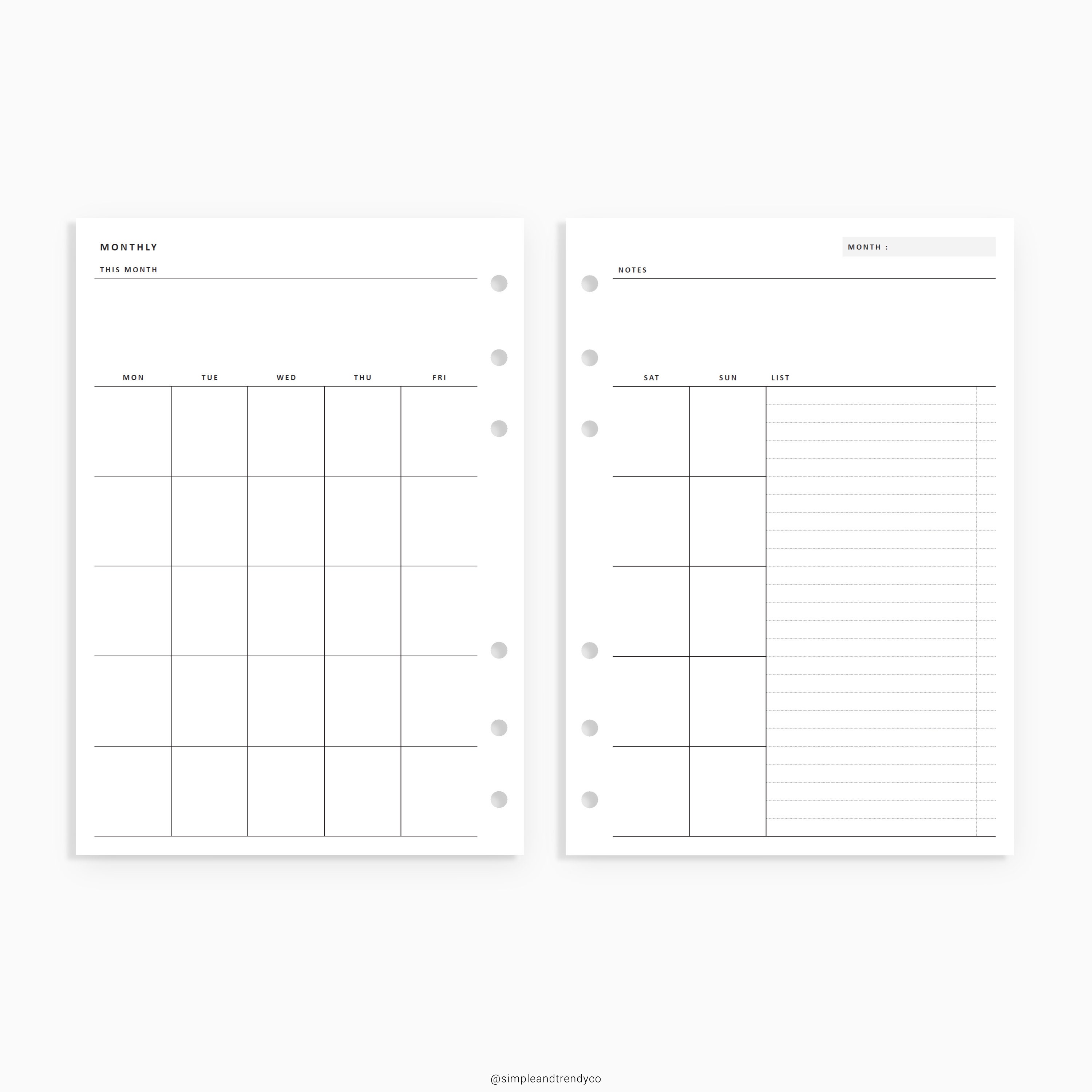 Monthly Planner Personal Wide Printable Monthly Notes | Etsy