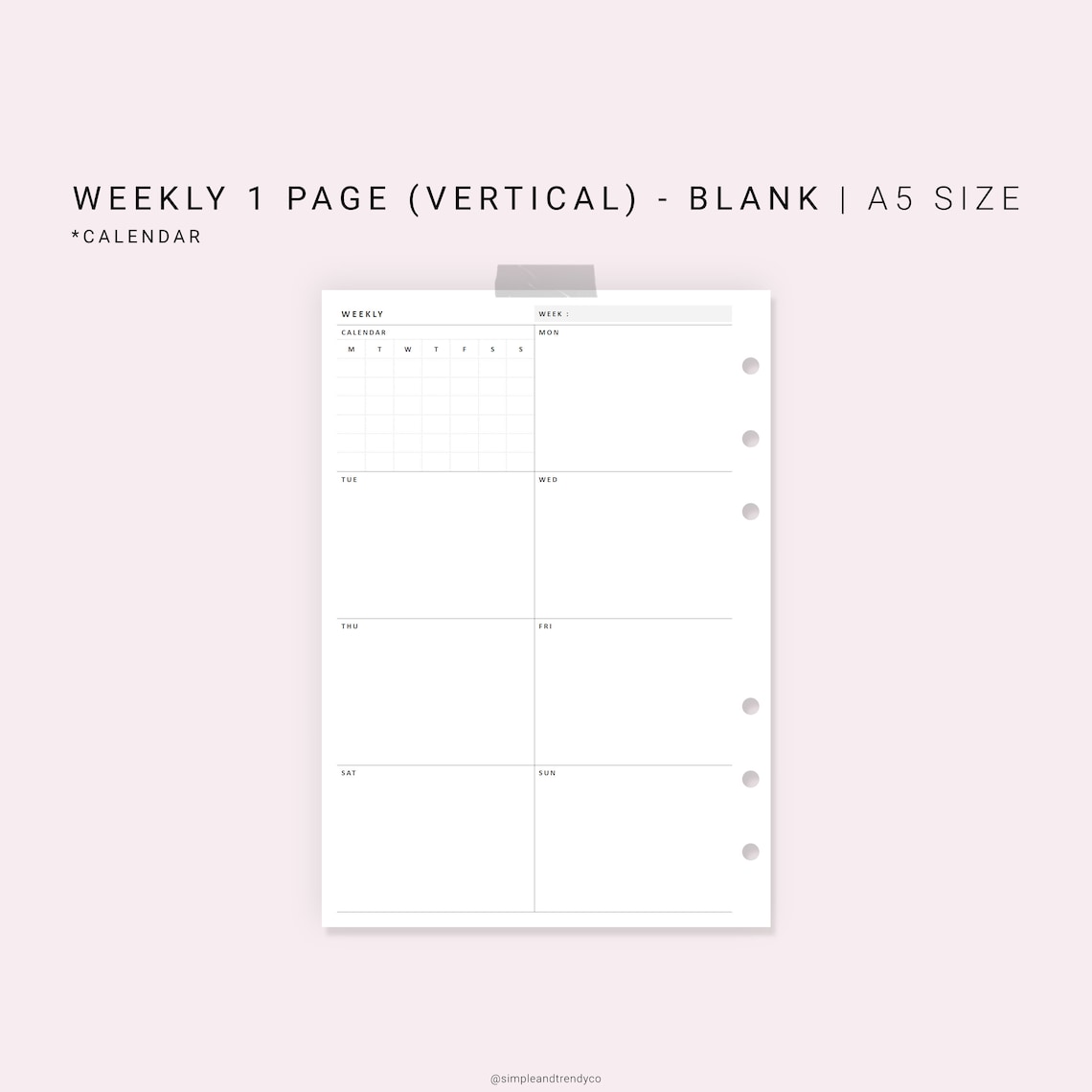 Week on One Page Printable A5 Planner Inserts Weekly 1 Page | Etsy