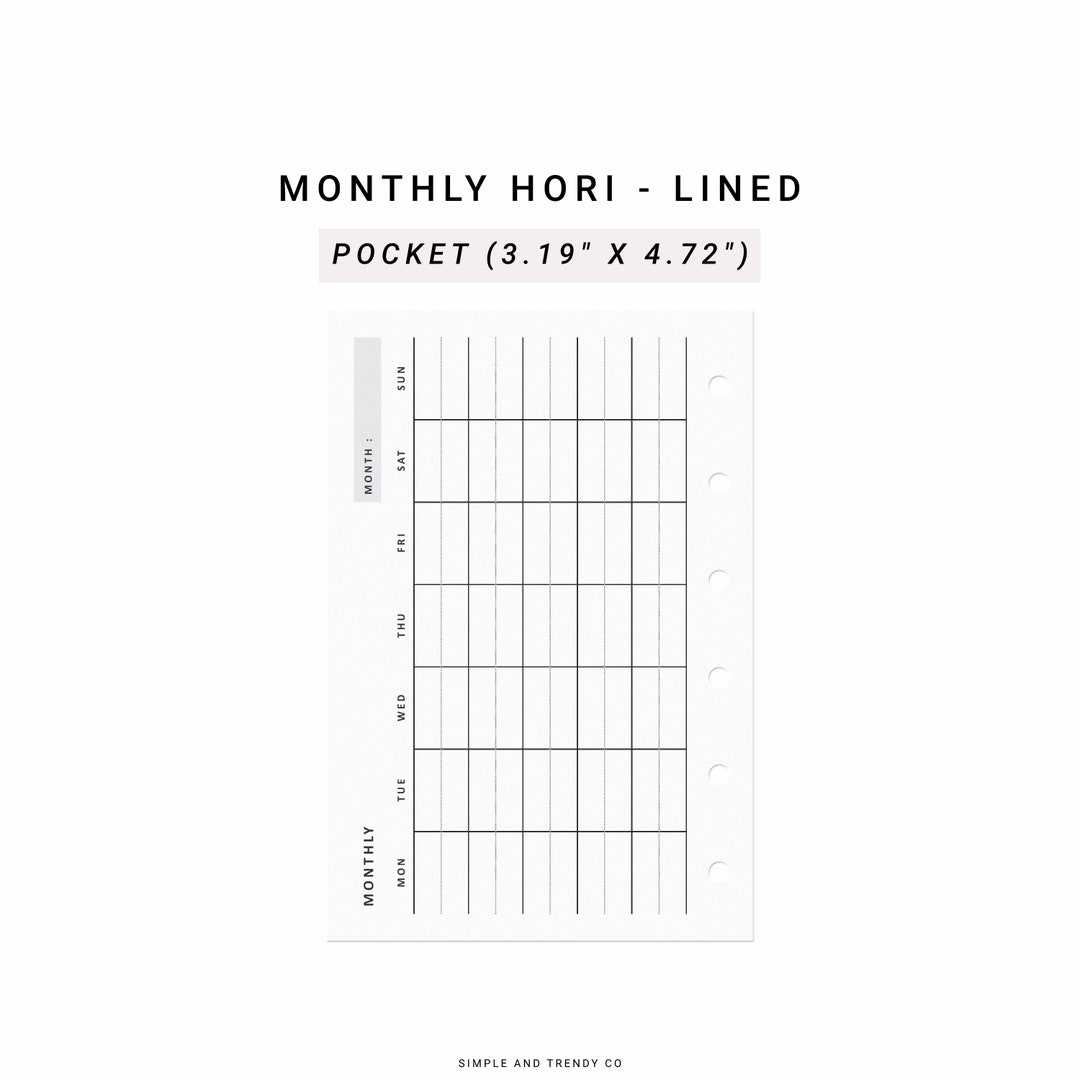 Month on One Page Horizontal Printable MO1P Pocket Size - Etsy