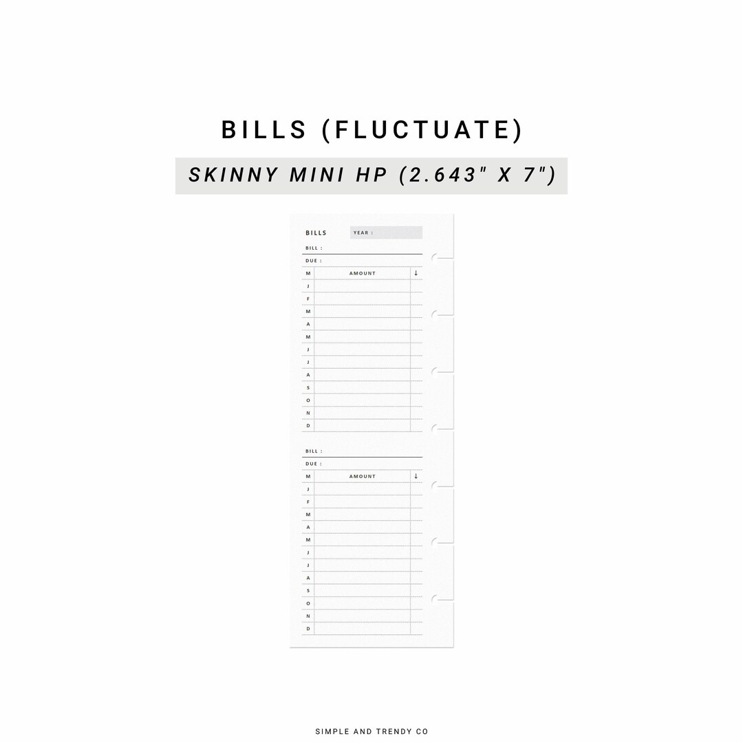 Bill Tracker Printable Skinny Mini HP, Bill Organizer Bill Due Planner ...