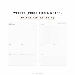 Weekly Planner Half Size Half Letter Inserts , Weekly Agenda WO2P ...